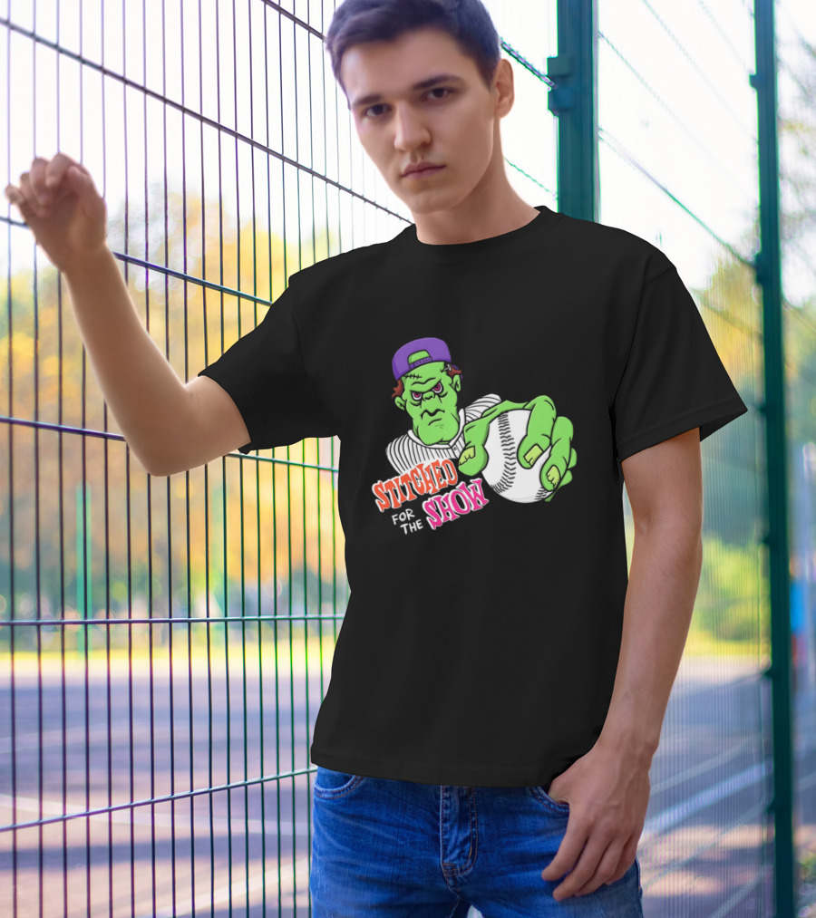Stitched For The Show Baseball Monster Pitcher Cartoon T-Shirt