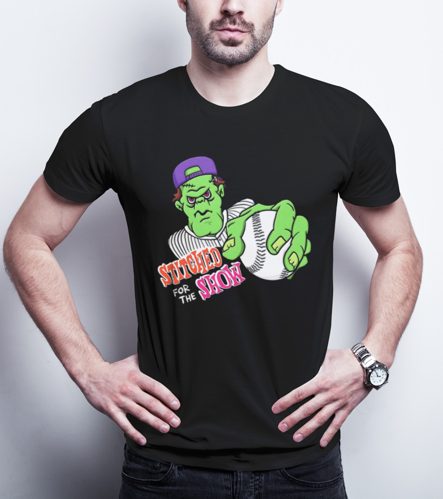 Stitched For The Show Baseball Monster Pitcher Cartoon T-Shirt