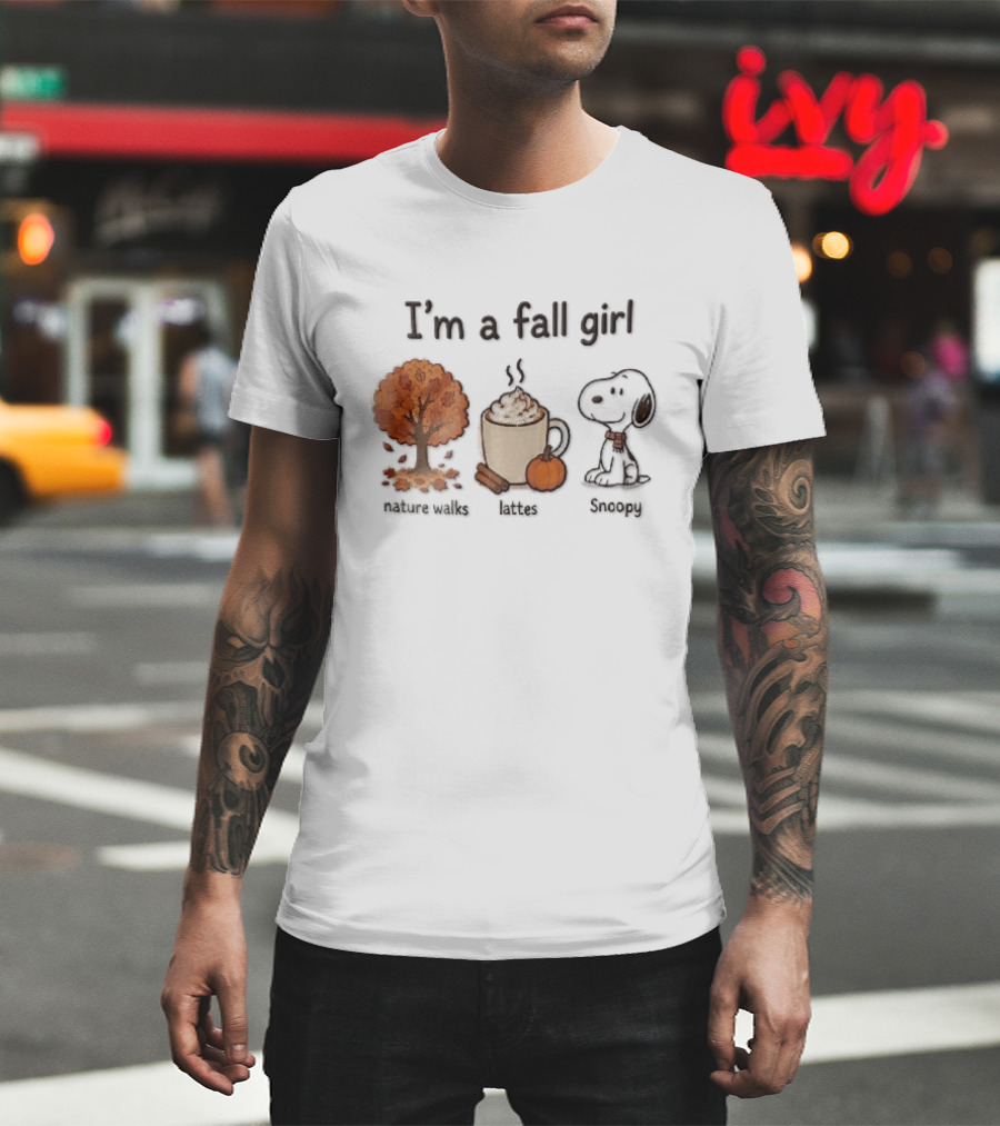 I'm A Fall Girl Nature Walks Lattes Snoopy Autumn Tree Pumpkin Coffee T-Shirt