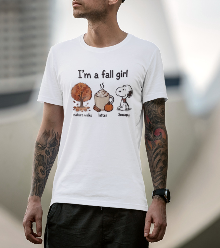 I'm A Fall Girl Nature Walks Lattes Snoopy Autumn Tree Pumpkin Coffee T-Shirt