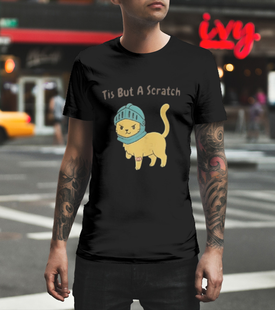 Tis But A Scratch Cartoon Cat Knight Helmet Bandage T-Shirt