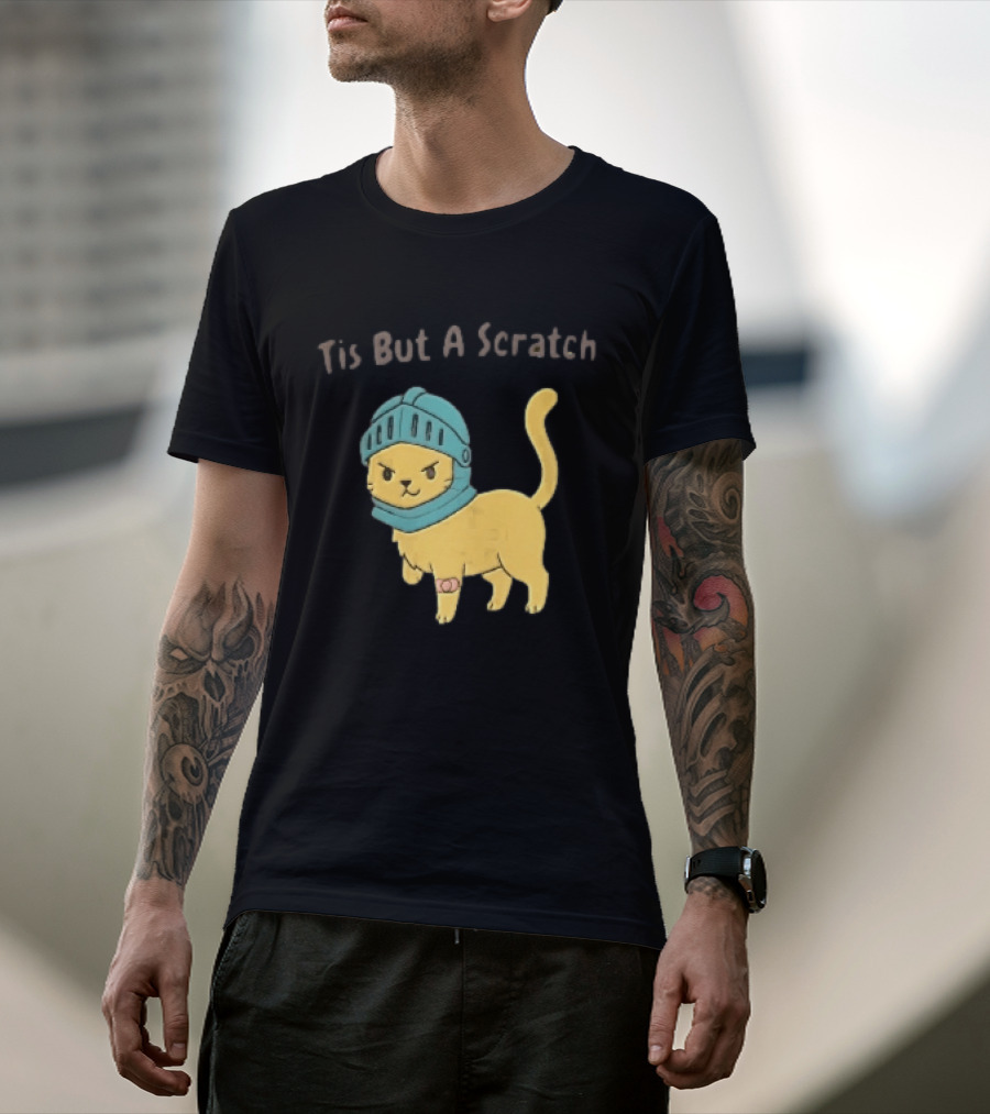 Tis But A Scratch Cartoon Cat Knight Helmet Bandage T-Shirt