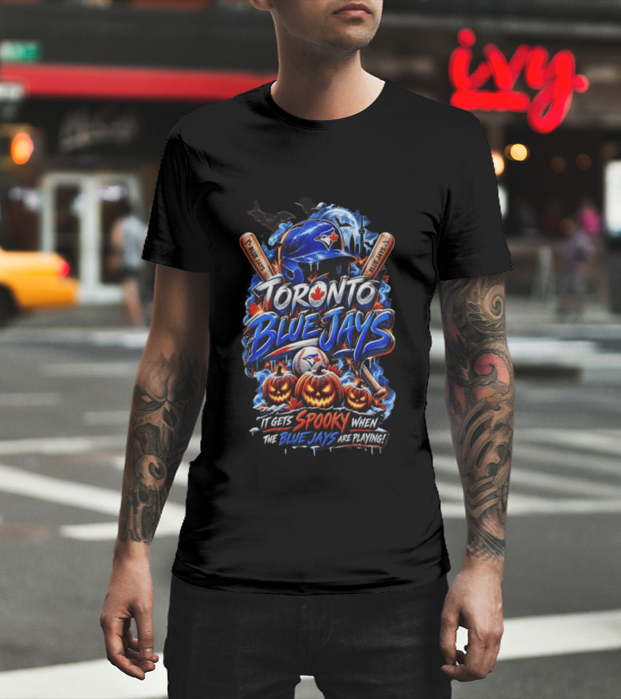 Toronto Blue Jays Halloween Spooky Baseball Theme Bat Pumpkins T-Shirt