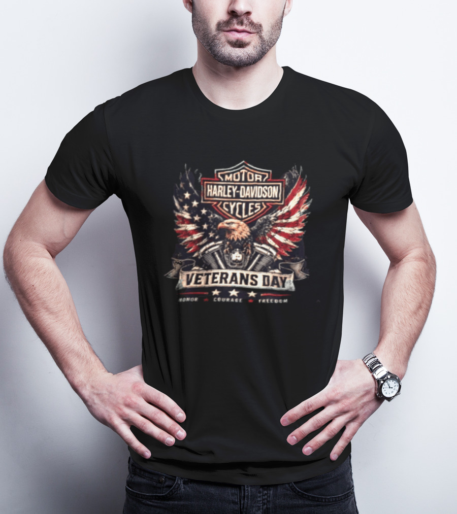 Veterans Day Harley Davidson Motor Cycles Honor Courage Freedom Eagle Wings T-Shirt
