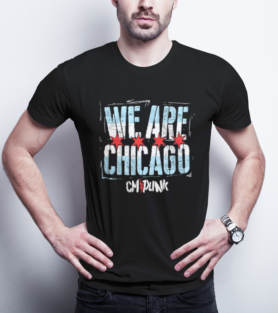 We Are Chicago CM Punk Four Red Stars Light Blue Stripes Distressed T-Shirt