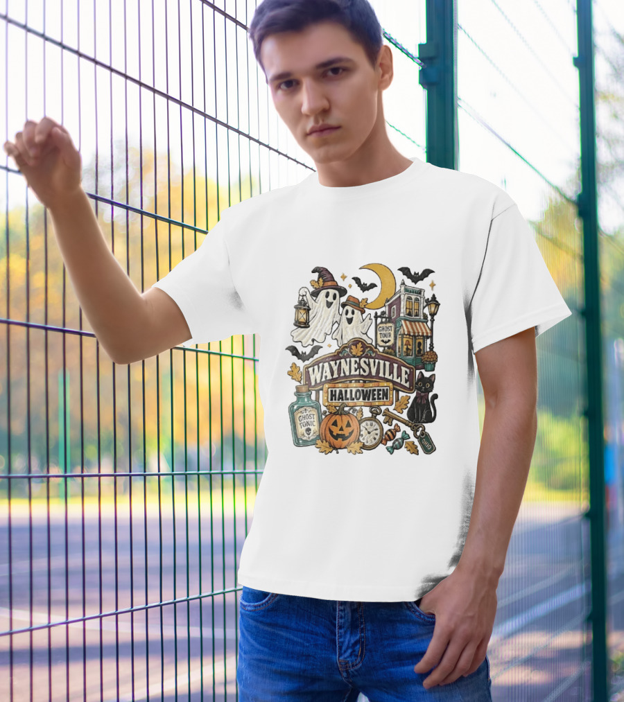 Waynesville Halloween Ghost Tour Ohio Cartoon Pumpkin Black Cat Crescent Moon Ghost Tonic Key T-Shirt