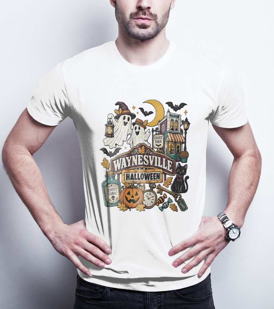 Waynesville Halloween Ghost Tour Ohio Cartoon Pumpkin Black Cat Crescent Moon Ghost Tonic Key T-Shirt