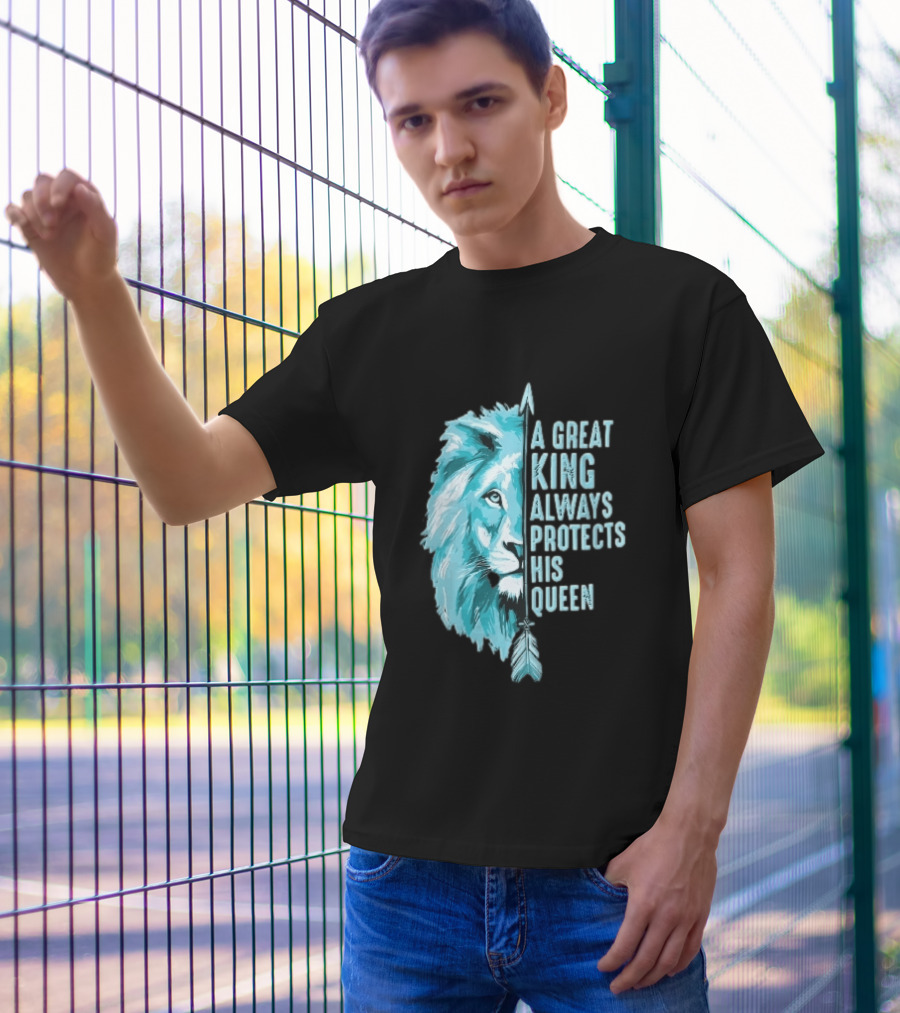 A Great King Always Protects His Queen Cyan Lion Vertical Feathers T-Shirt