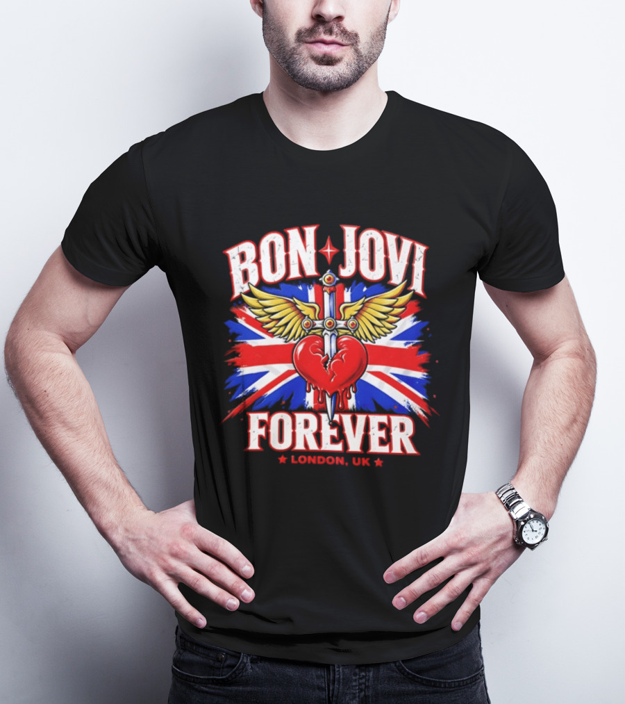 Bon Jovi Forever London UK Tour Union Jack Heart And Dagger Wings T-Shirt