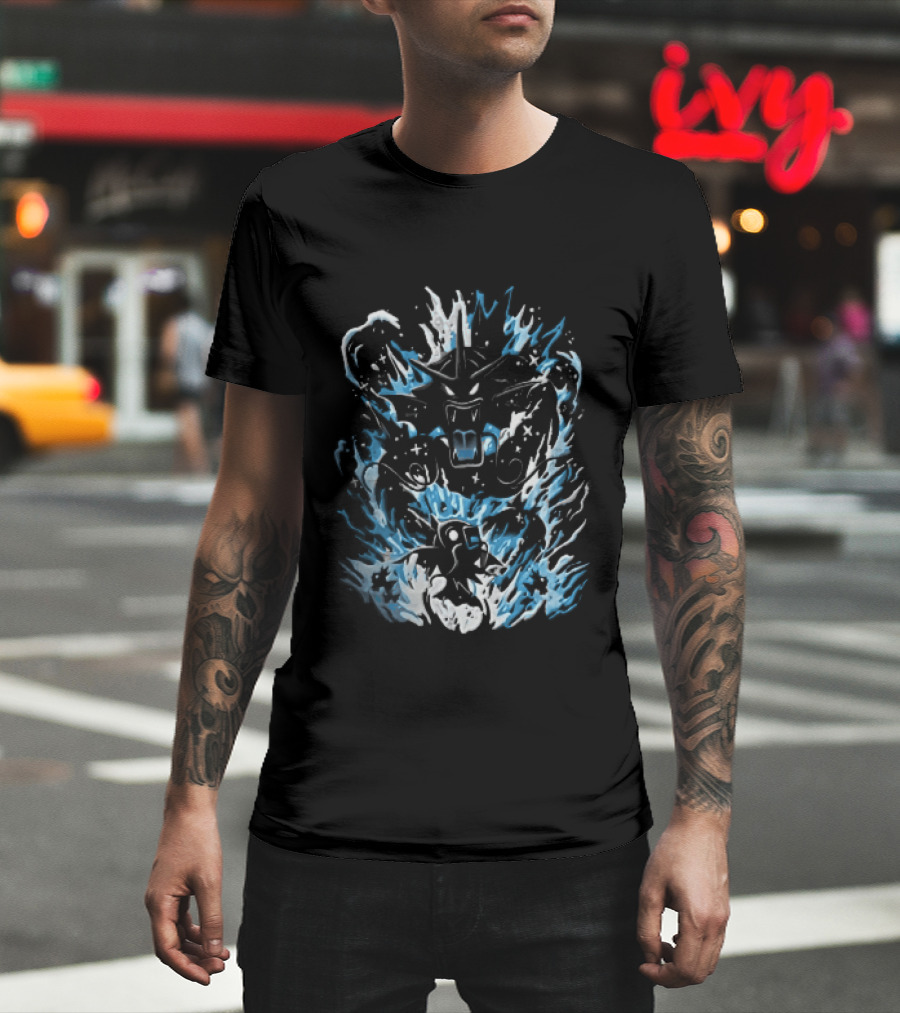 Dark Cartoon Red Gyarados Gold Magikarp Splashing Water Waves Pokémon Collection T-Shirt