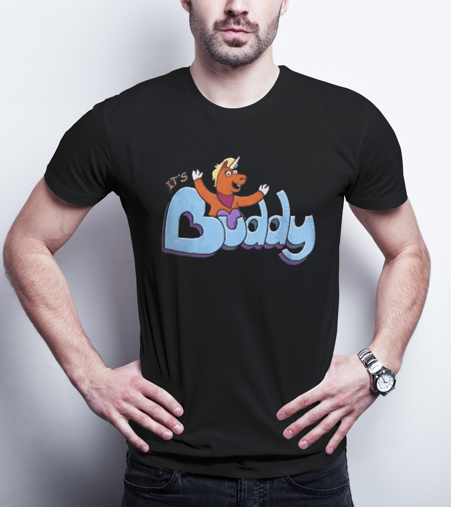 Its Buddy Cartoon Orange Unicorn Horse Purple Scarf Raised Arms T-Shirt
