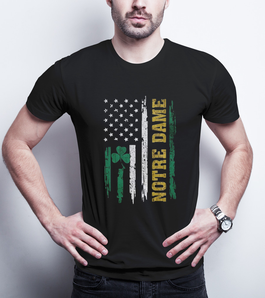 Notre Dame Irish American Flag Football Clover Stars T-Shirt