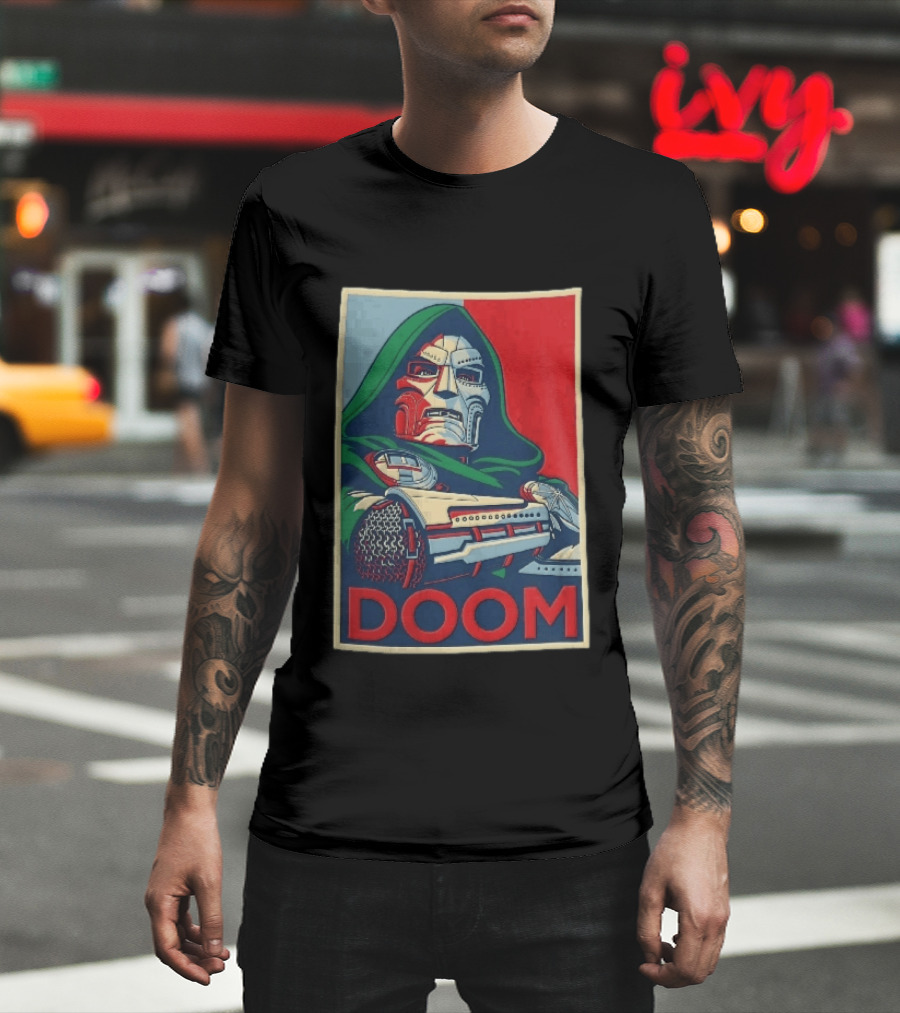 Doom Supervillain Mask Hooded Armored Gauntlets Red Blue T-Shirt