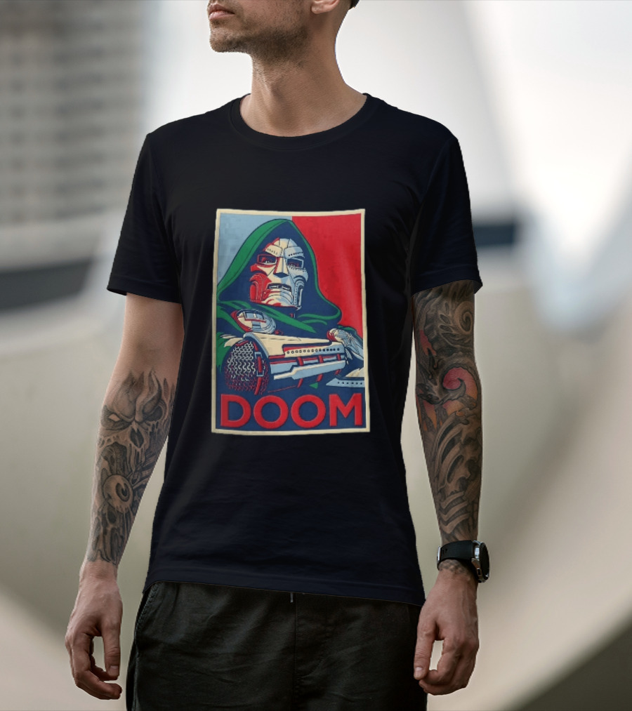 Doom Supervillain Mask Hooded Armored Gauntlets Red Blue T-Shirt