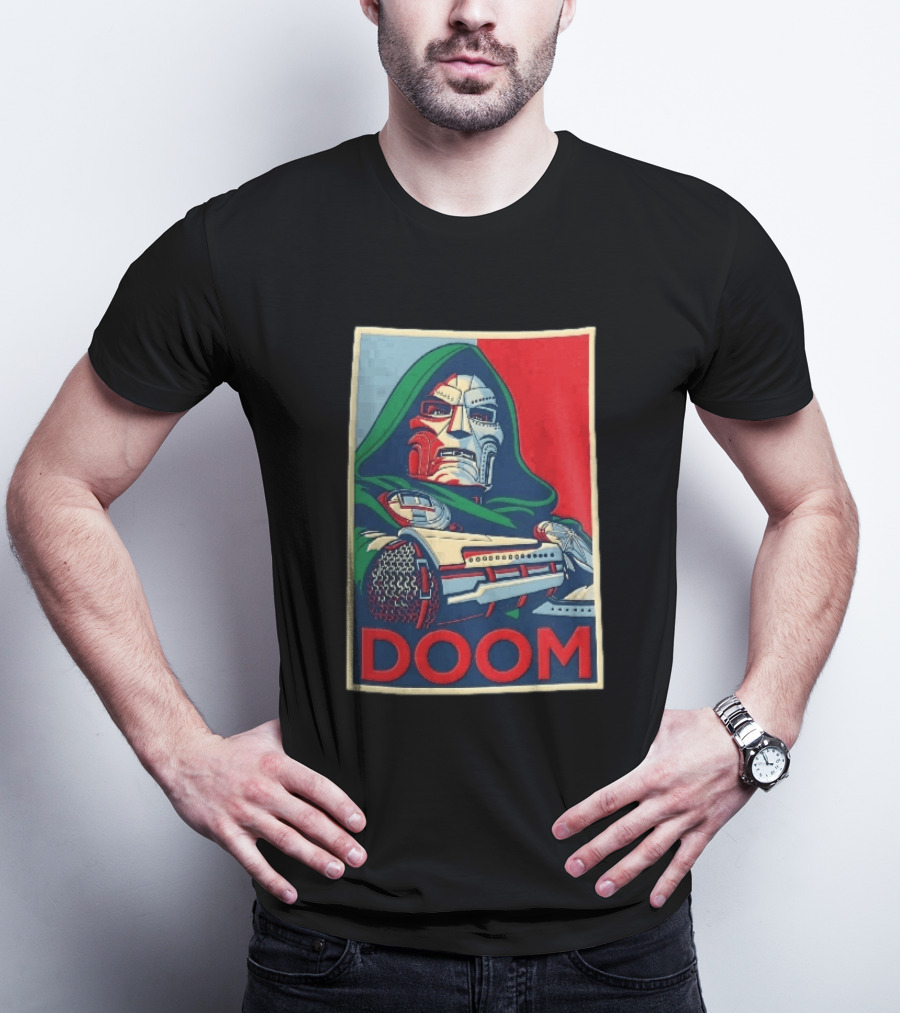 Doom Supervillain Mask Hooded Armored Gauntlets Red Blue T-Shirt