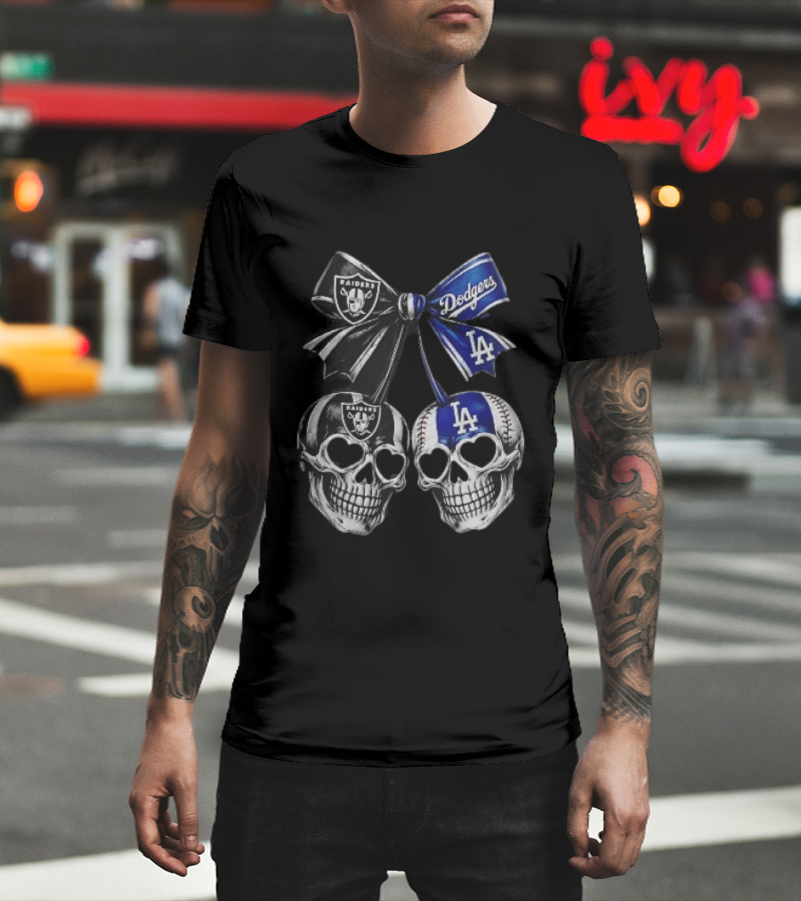 Las Vegas Raiders Los Angeles Dodgers MLB Skulls Cherry Heart Eye Sockets Bow Ribbon T-Shirt