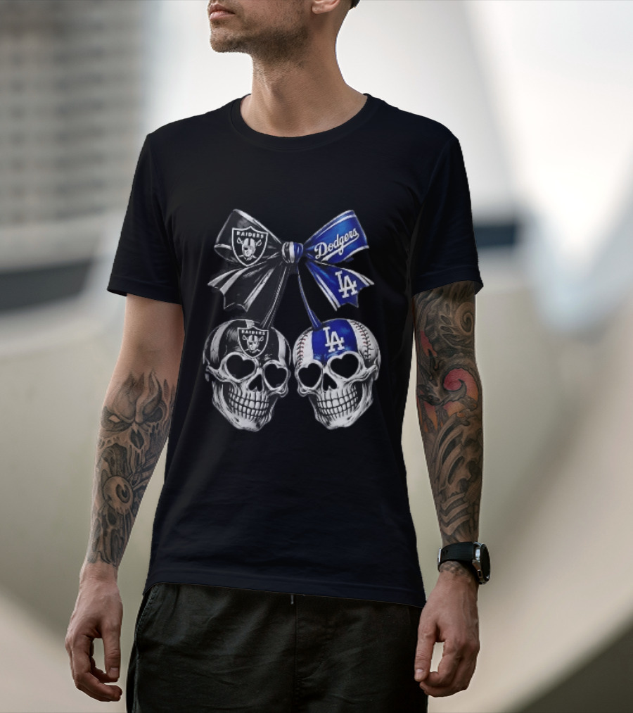 Las Vegas Raiders Los Angeles Dodgers MLB Skulls Cherry Heart Eye Sockets Bow Ribbon T-Shirt