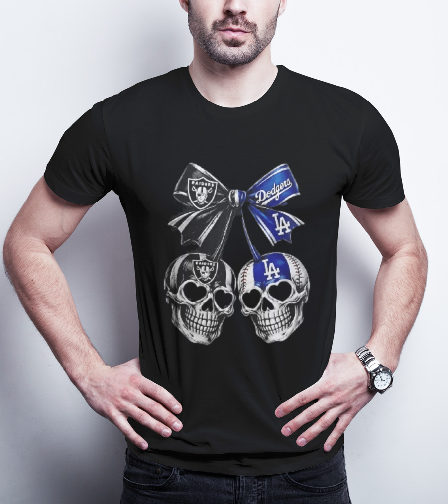 Las Vegas Raiders Los Angeles Dodgers MLB Skulls Cherry Heart Eye Sockets Bow Ribbon T-Shirt