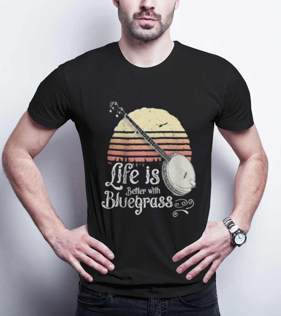Life Is Better With Bluegrass Vintage Sunset Banjo T-Shirt
