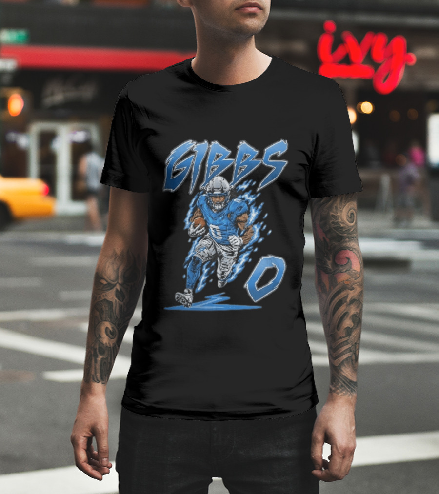 Gibbs 0 Blue Energy Lightning Running Football Player Cartoon T-Shirt