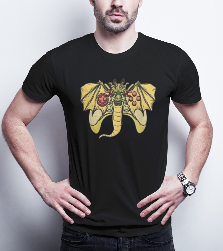 Green Chinese Dragon Head Gamepad Controller Wings Tail Cartoon Gamer Fun T-Shirt