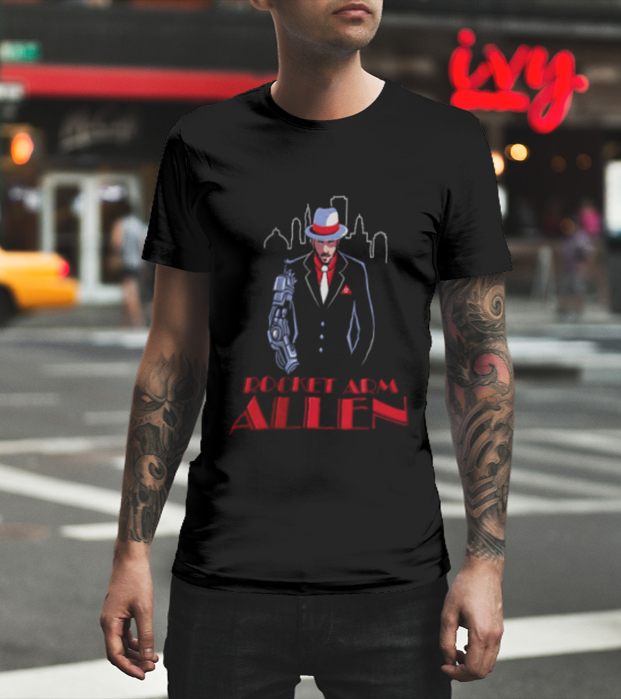 Rocket Arm Allen Man In Suit With Cybernetic Arm City Skyline T-Shirt