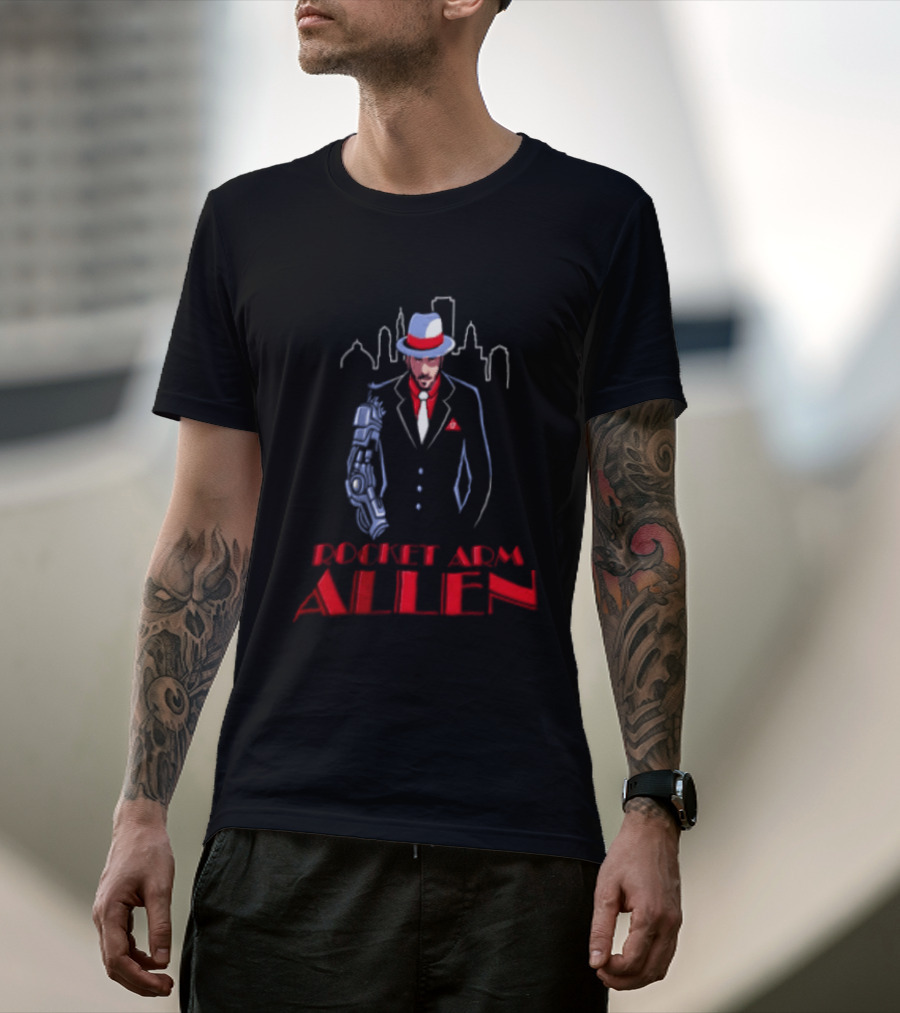 Rocket Arm Allen Man In Suit With Cybernetic Arm City Skyline T-Shirt