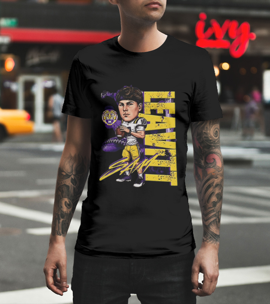 Sam Levis LSU Tigers Football Player Caricature Leavitt 18 Signature T-Shirt