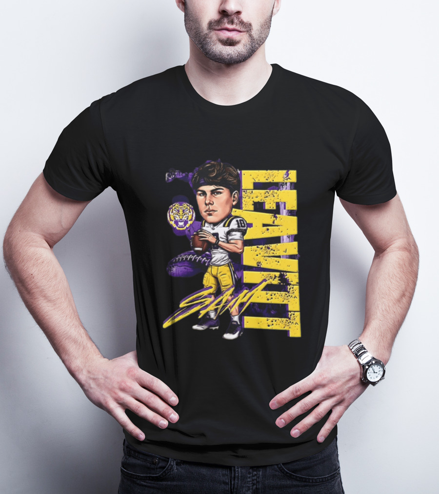 Sam Levis LSU Tigers Football Player Caricature Leavitt 18 Signature T-Shirt