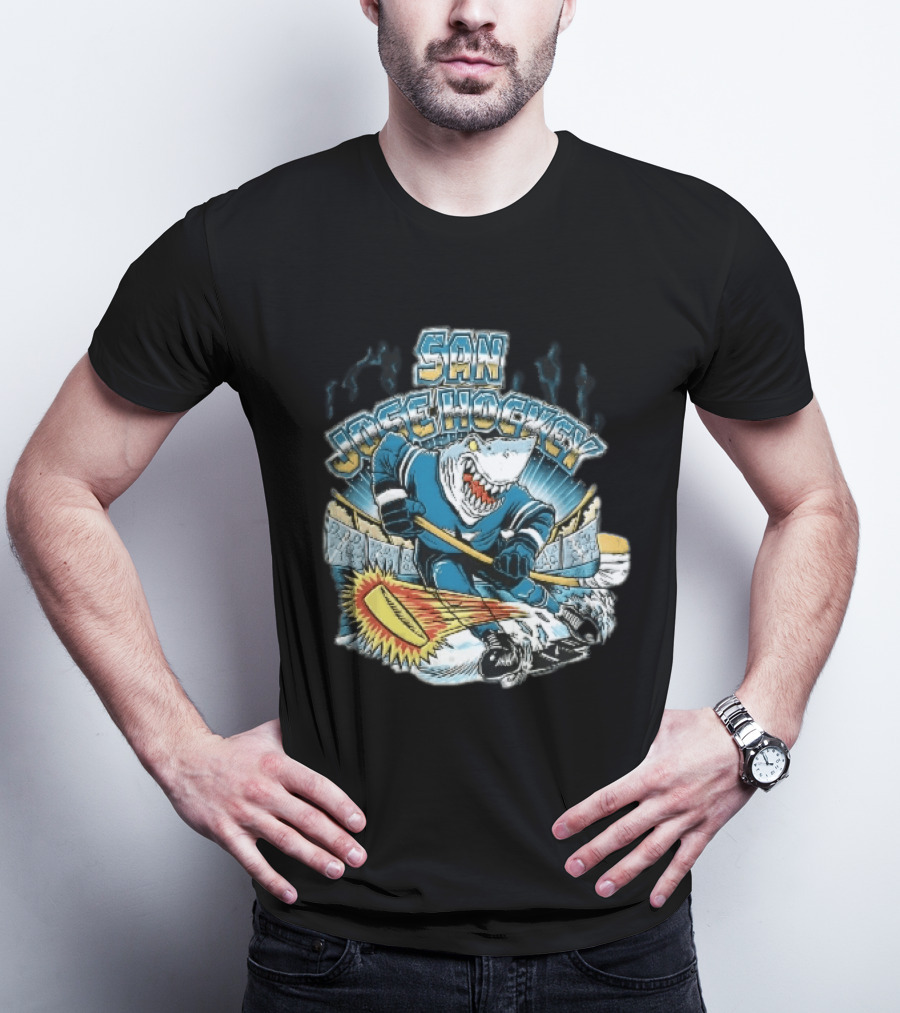 San Jose Hockey Cartoon Skating Shark Flaming Puck Ice Rink T-Shirt