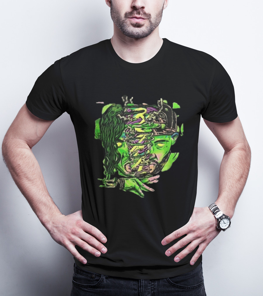 Split Green Head Glowing Yellow Eyes Neon Cartoon Halftone T-Shirt