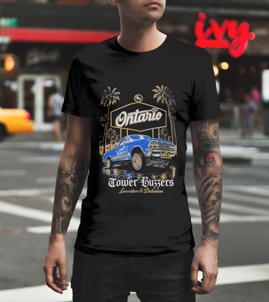 Ontario Tower Buzzers Lowrider Dedication Retro Car Scene T-Shirt