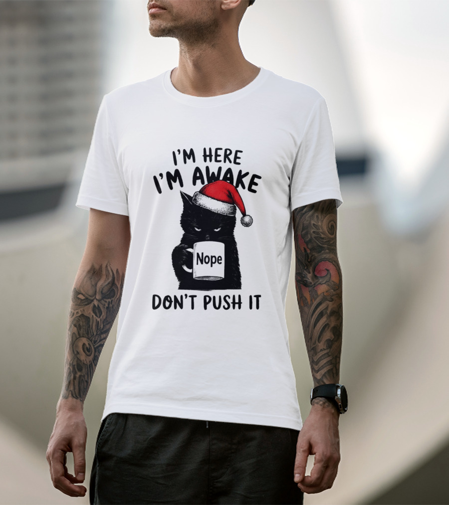 Black Cat Santa I'm Here I'm Awake Nope Don't Push It Holiday T-Shirt
