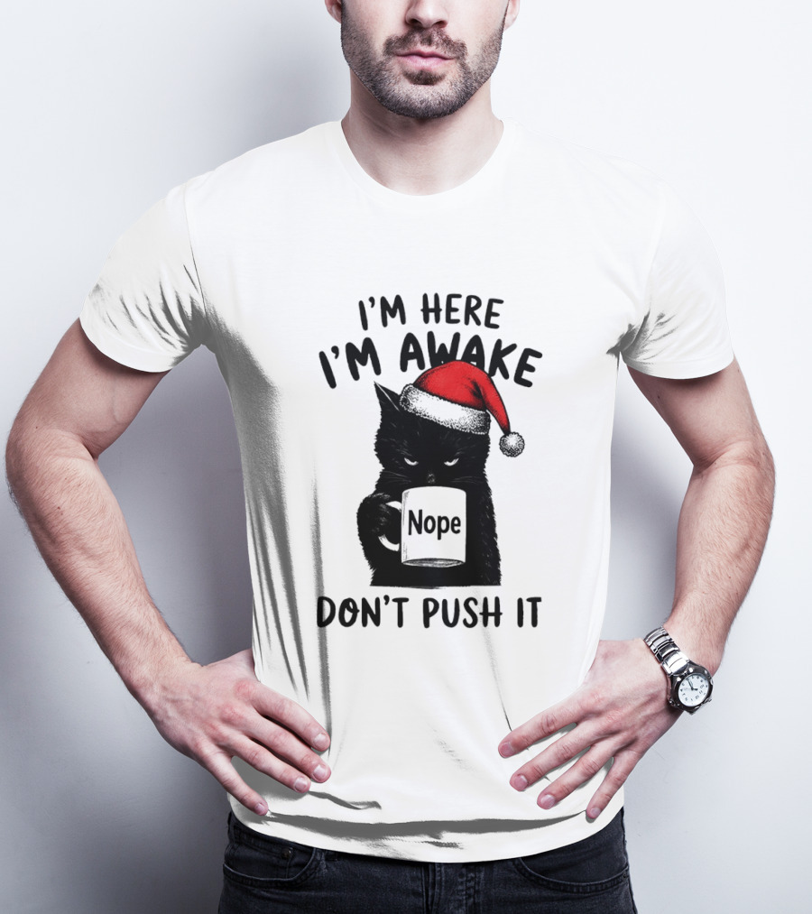 Black Cat Santa I'm Here I'm Awake Nope Don't Push It Holiday T-Shirt