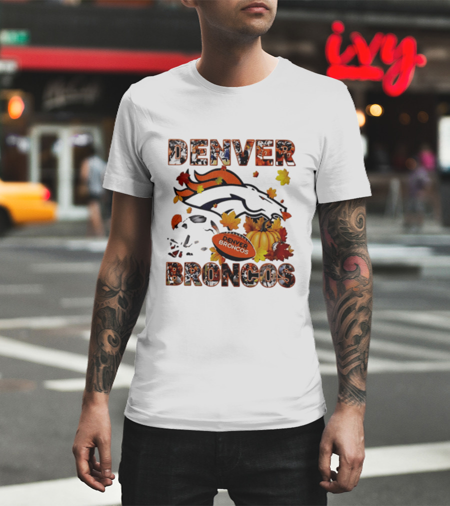 Denver Broncos Football Autumn Fall Leaves Pumpkin Halloween 2026 T-Shirt