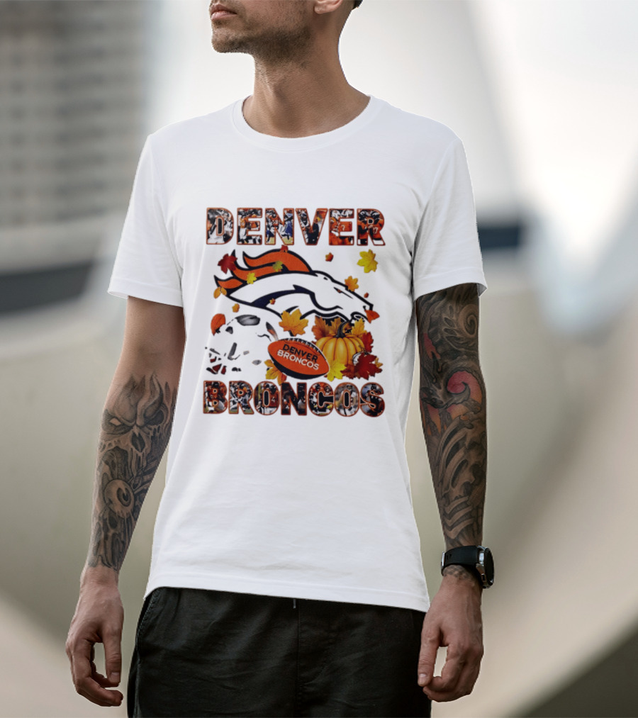 Denver Broncos Football Autumn Fall Leaves Pumpkin Halloween 2026 T-Shirt