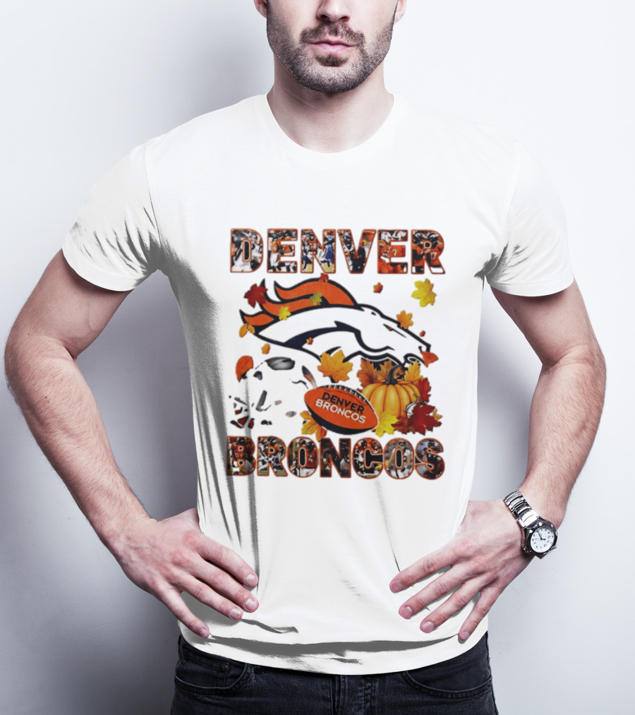 Denver Broncos Football Autumn Fall Leaves Pumpkin Halloween 2026 T-Shirt