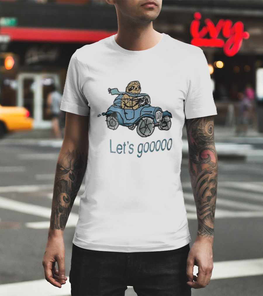 Let's Gooooo Cartoon Sloth Scarf Driving Blue Car Sketch T-Shirt