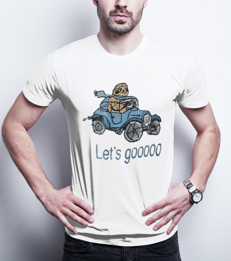 Let's Gooooo Cartoon Sloth Scarf Driving Blue Car Sketch T-Shirt