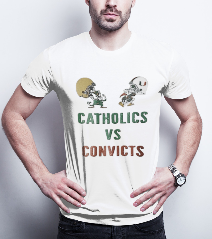 Notre Dame Fighting Irish Vs Miami Hurricanes Catholics Vs Convicts Cartoon Caricature T-Shirt