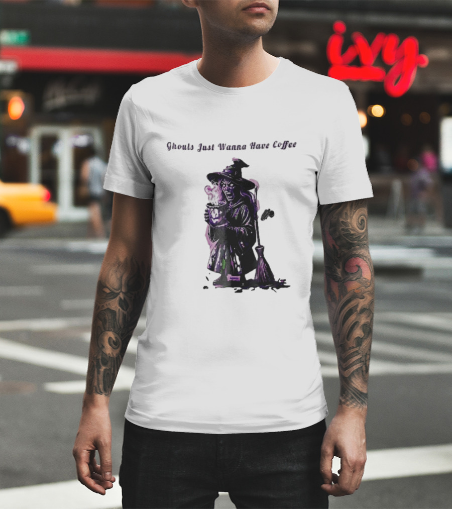 Ghouls Just Wanna Have Coffee Witch Holding Steaming Broomstick T-Shirt