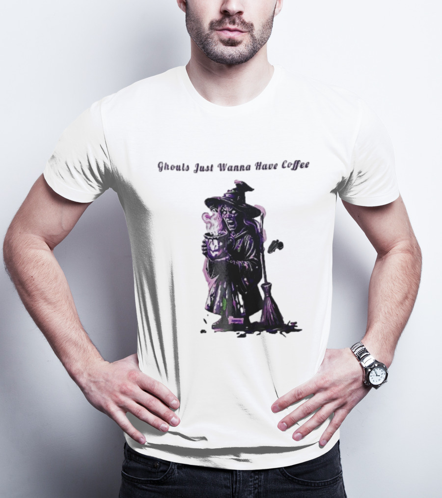 Ghouls Just Wanna Have Coffee Witch Holding Steaming Broomstick T-Shirt
