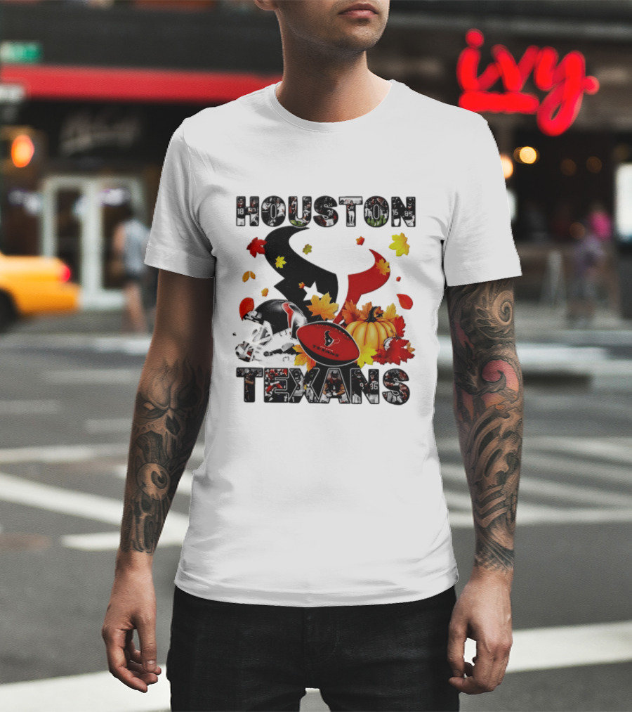 Houston Texans Football Autumn Fall Pumpkin Helmet Leaves 2026 Halloween T-Shirt