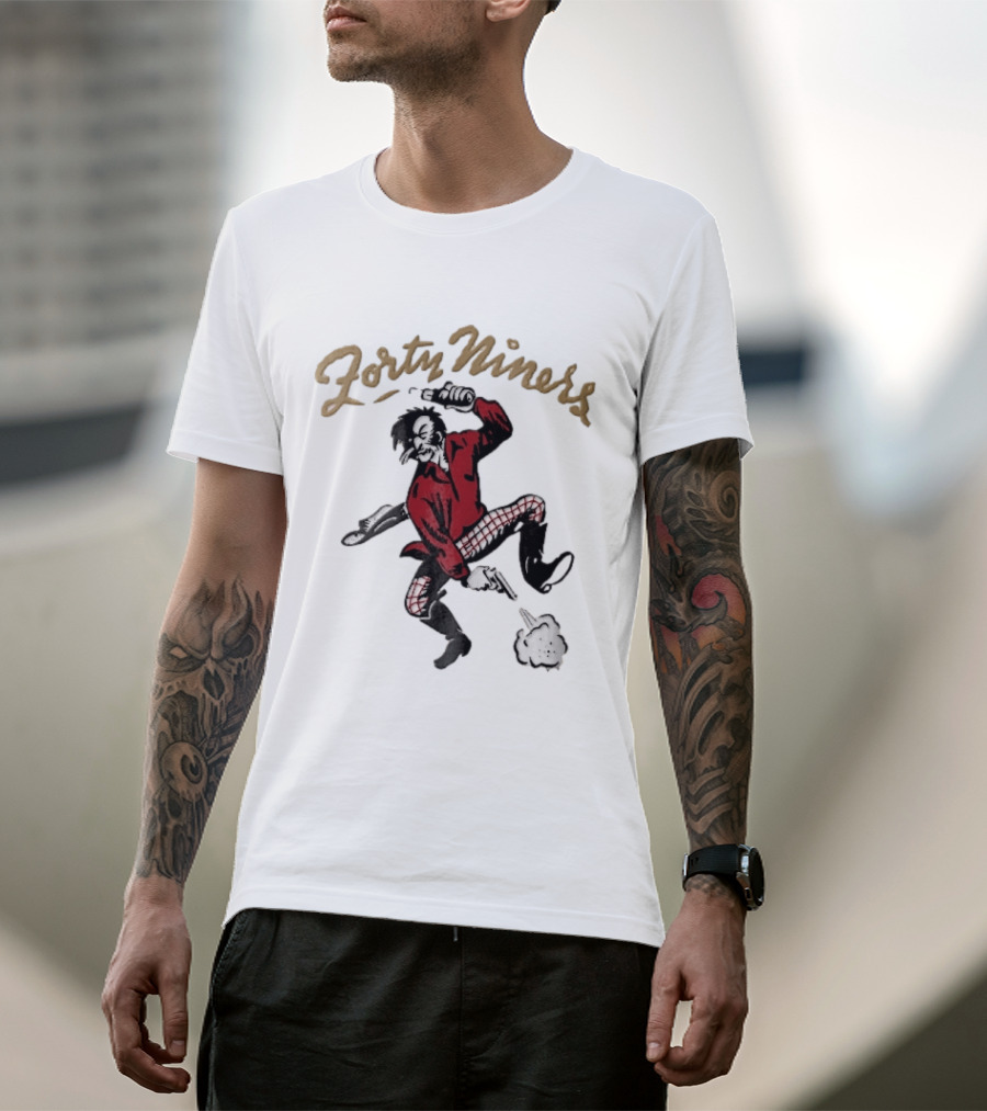 San Francisco 49ers Forty Niners Cartoon Gold Rush Miner Shooting Pistol Vintage Football T-Shirt