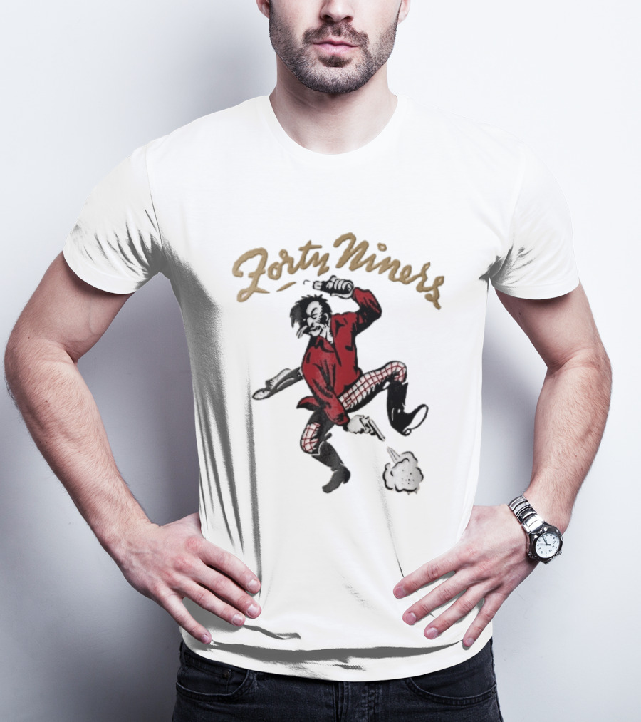 San Francisco 49ers Forty Niners Cartoon Gold Rush Miner Shooting Pistol Vintage Football T-Shirt