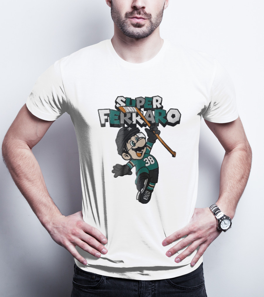Super Ferraro Mario 38 Ice Hockey Player Jumping Stick Cartoon Caricature T-Shirt