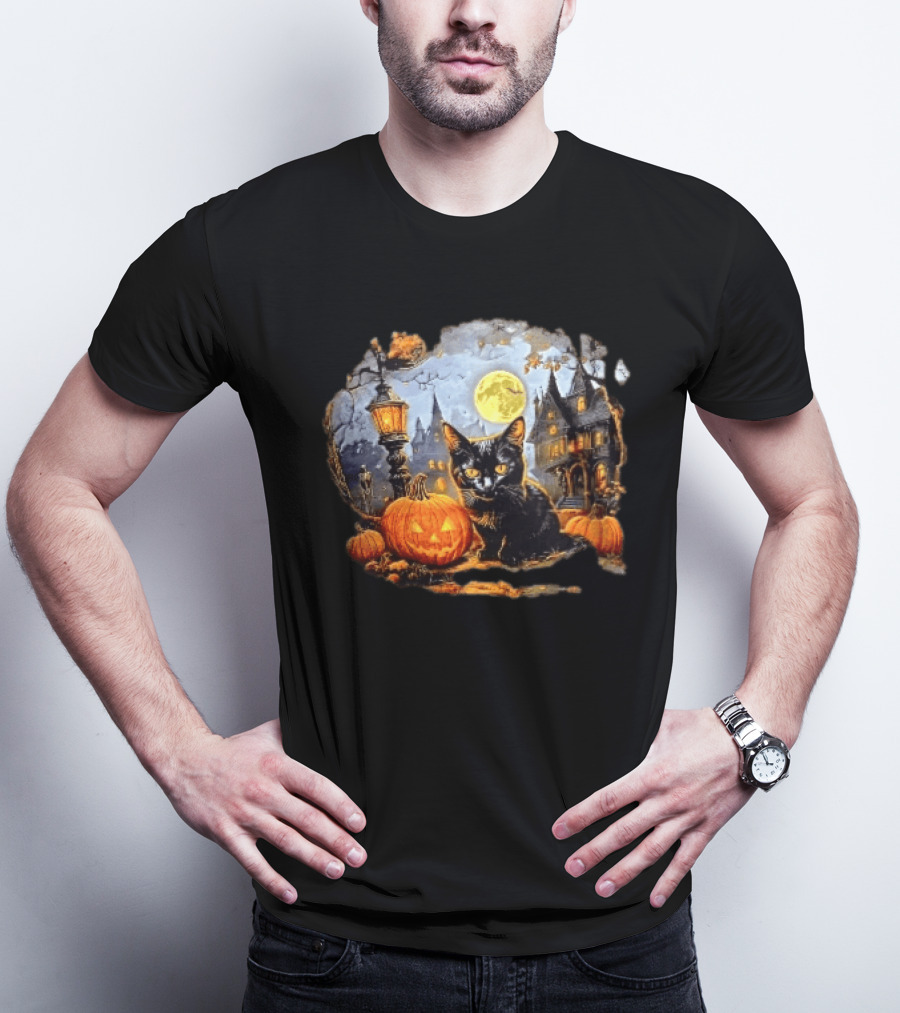 Black Cat Haunted House Pumpkin Full Moon Halloween Magic T-Shirt