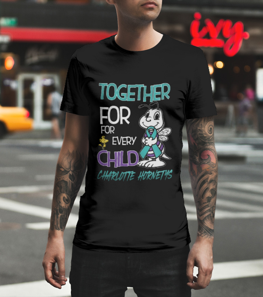 TOGETHER FOR EVERY CHILD Charlotte Hornets Cartoon Hornet Holding Ribbon Woodstock T-Shirt