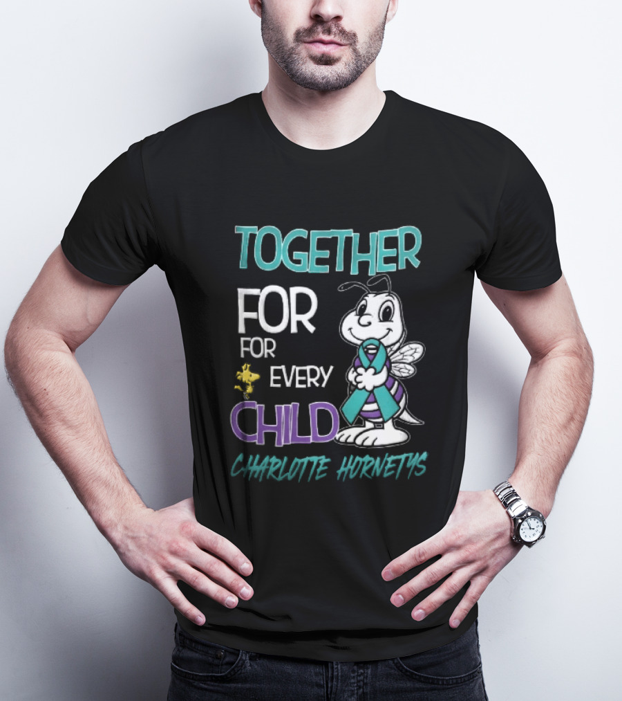 TOGETHER FOR EVERY CHILD Charlotte Hornets Cartoon Hornet Holding Ribbon Woodstock T-Shirt