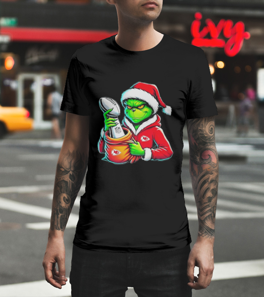 Kansas City Chiefs Grinch Christmas Holiday NFL Trophy Santa Hat T-Shirt